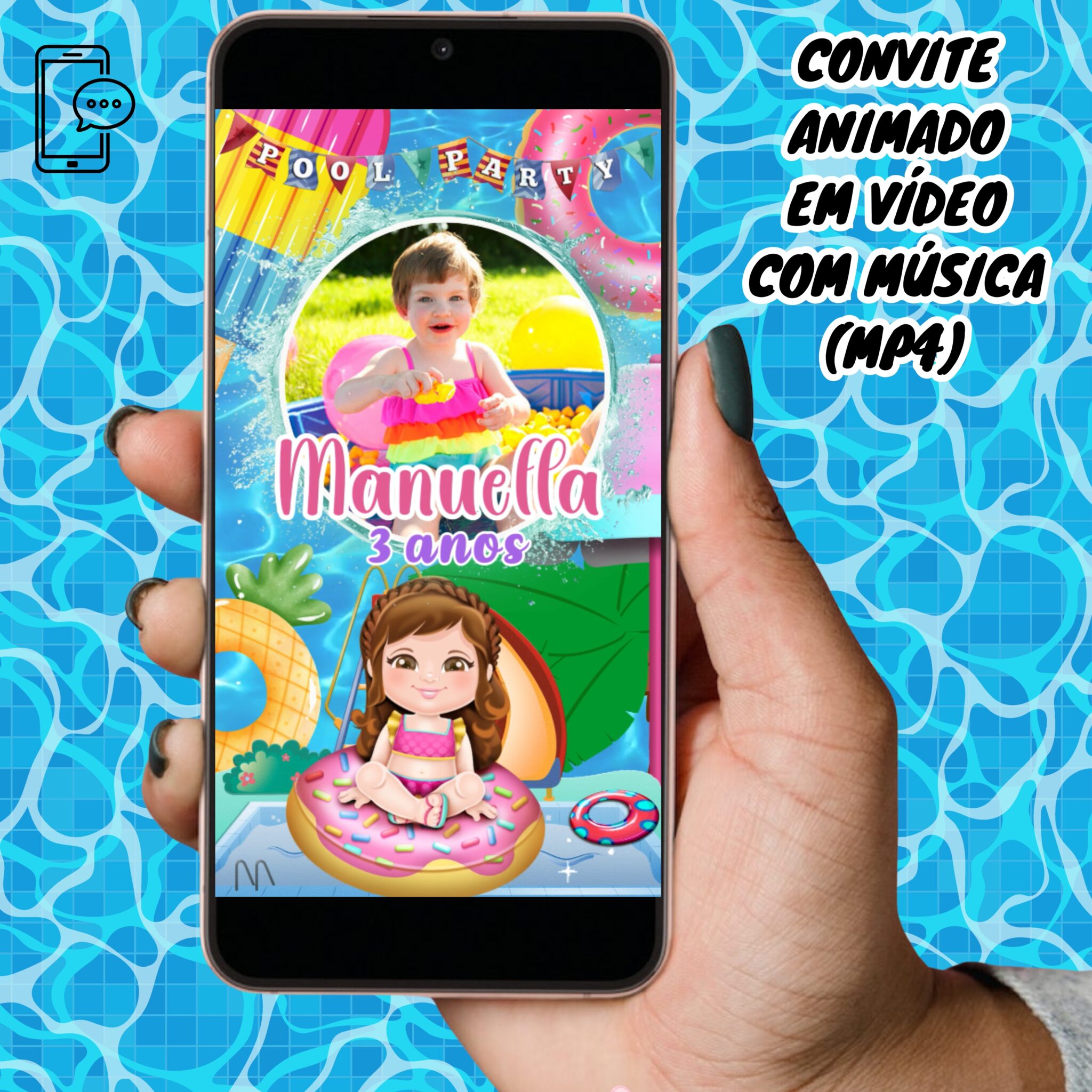 Convite Animado Vertical Pool Party Menina em Vídeo com Música ...