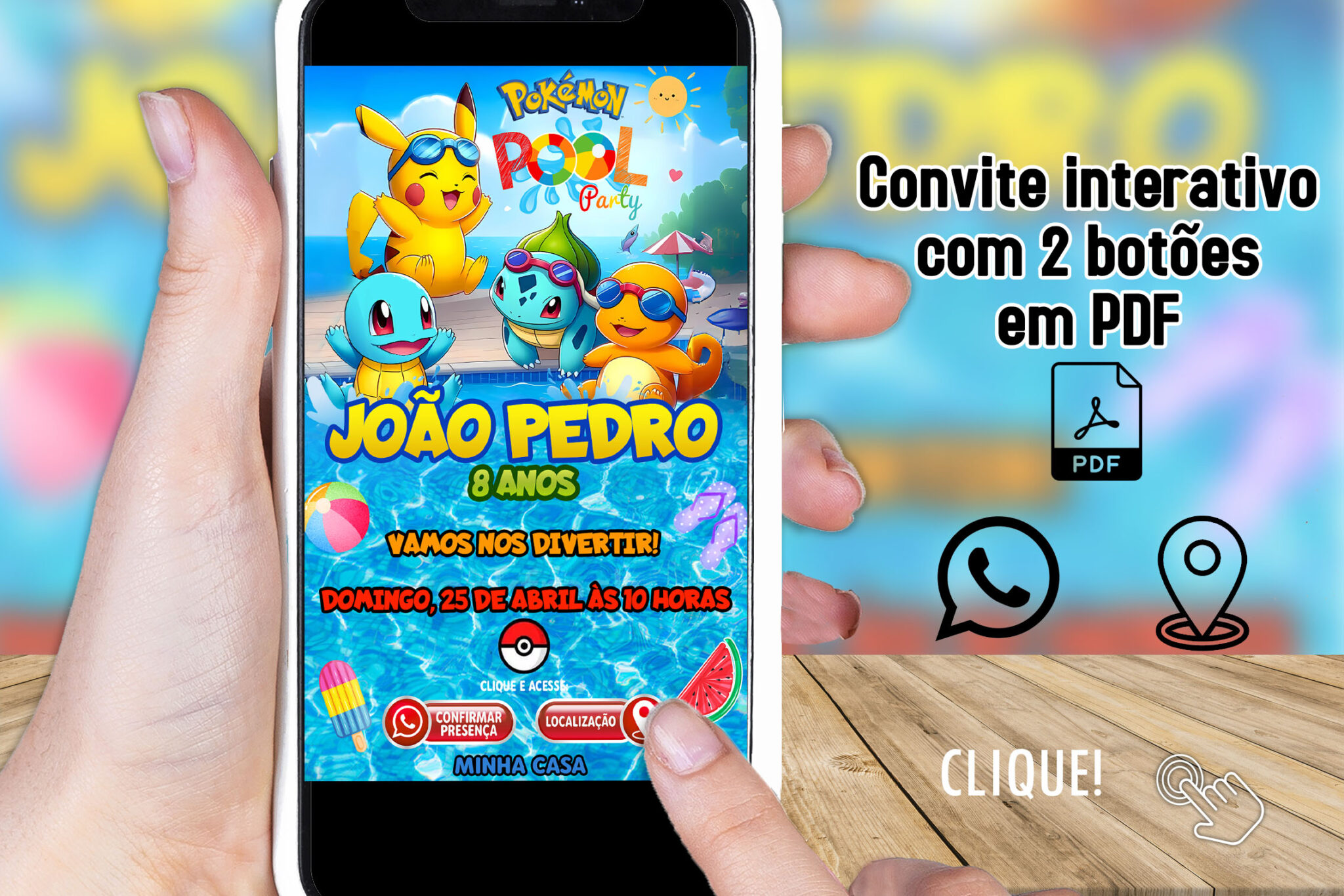 Convite Digital Interativo Pokémon Pool Party em PDF com Botões ...