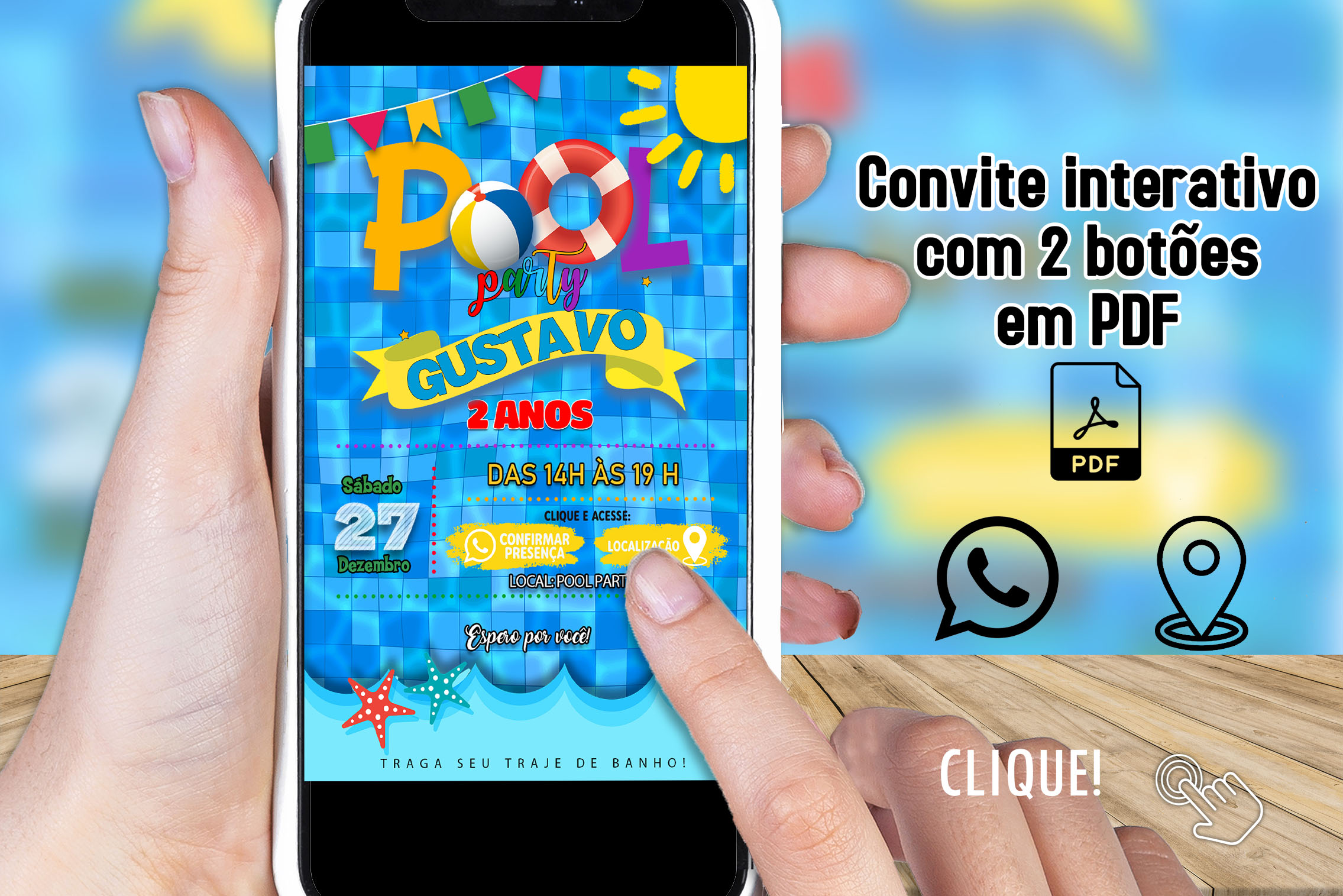 Convite Digital Interativo Pool Party em PDF com Botões Clicáveis ...